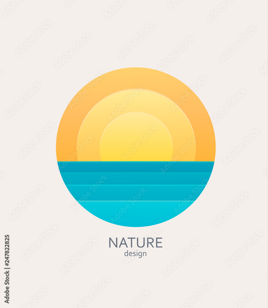 Nature logo, emblem or sticker. Simple landscape with sun and sea ...