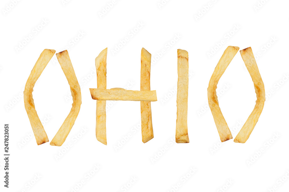 Word OHIO laid out of long sticks of fried french fries isolated on ...