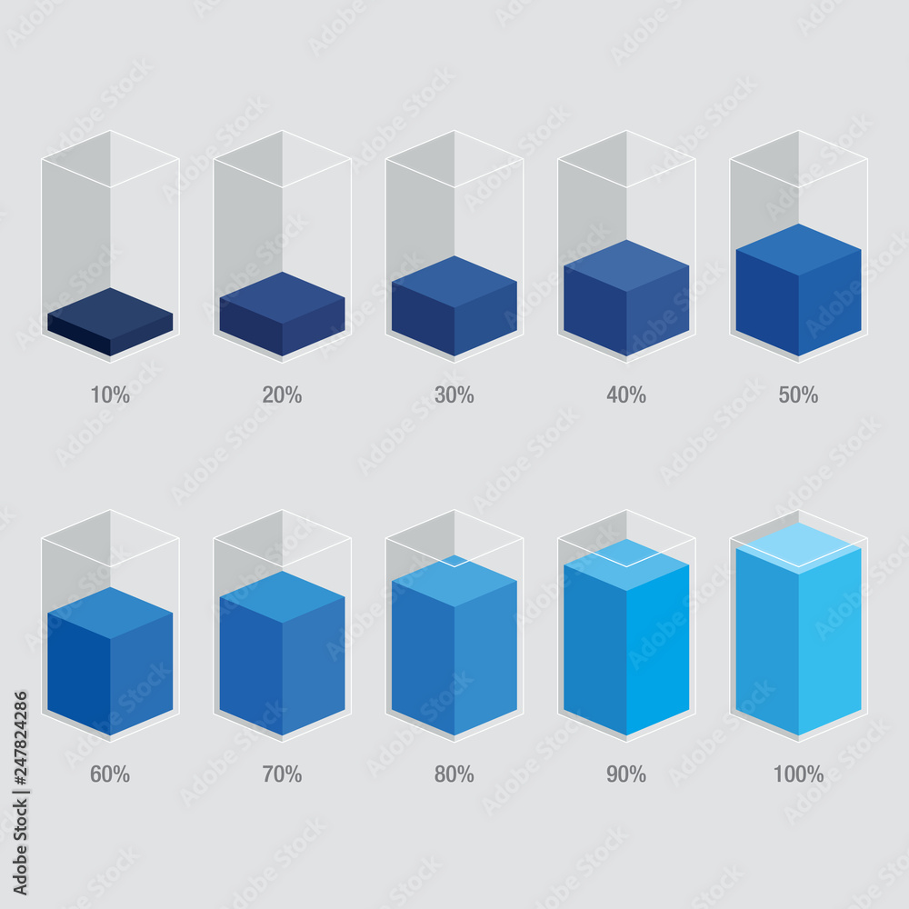 Blue gradient isometric chart bars, liquid histogram glass template, 10 ...