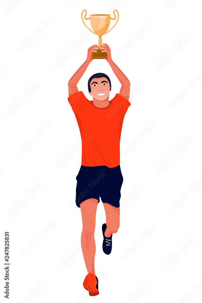 Vector illustration with happy sport athlete holding gold award cup and ...