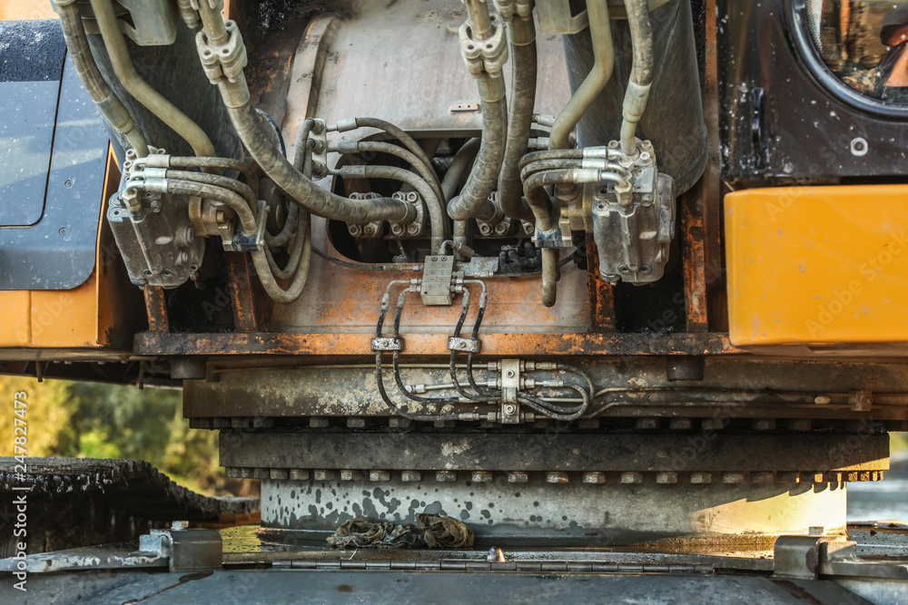 Excavator (digger machine) hydraulics mechanism and cables detail ...
