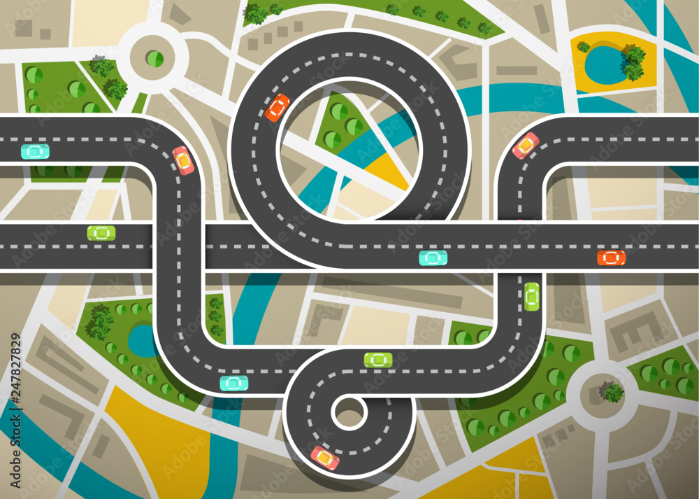 Road Map Aerial View with Cars on Highway and City Streets Stock Vector ...