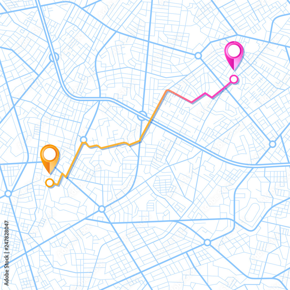 Blue GPS navigator pins on a blue roads map on white background Stock ...