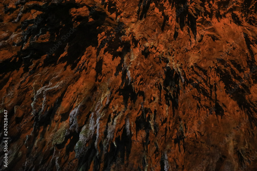 Stalactites and stalagmites on the inner walls of the Melissani cave ...