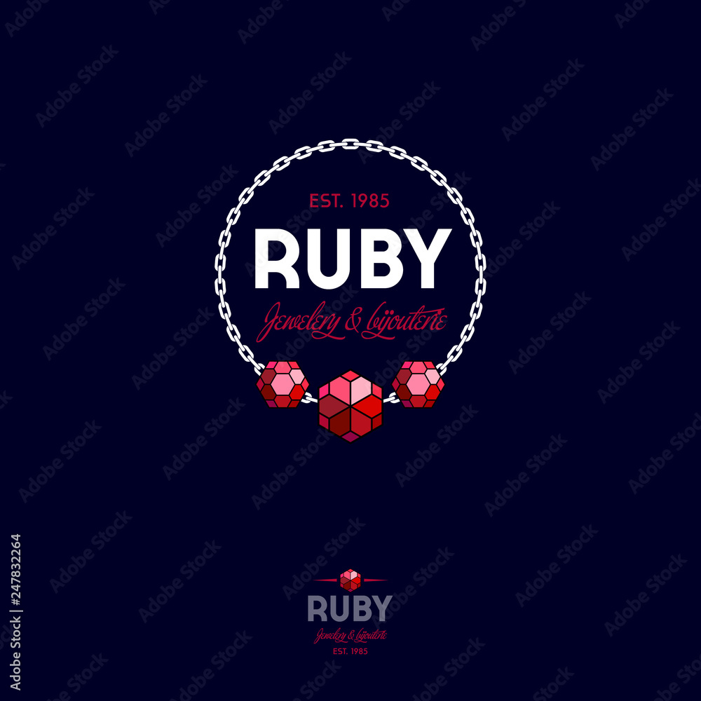 Ruby logo. Red crystals and chain with letters. Premium jewelry emblem ...