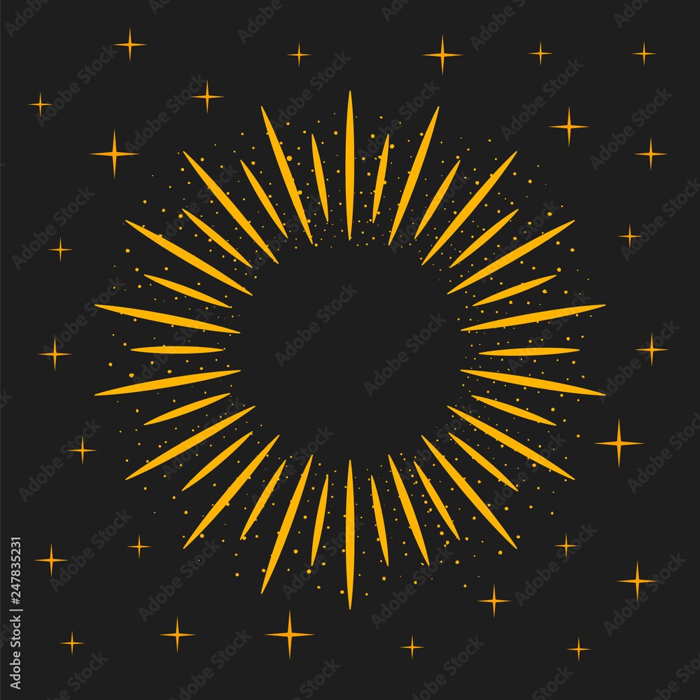 Gold sunburst frame. Rays and magic dust on dark background. Foil ...