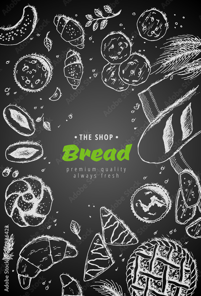Vector bakery vintage background design. Hand drawn bread sketch ...