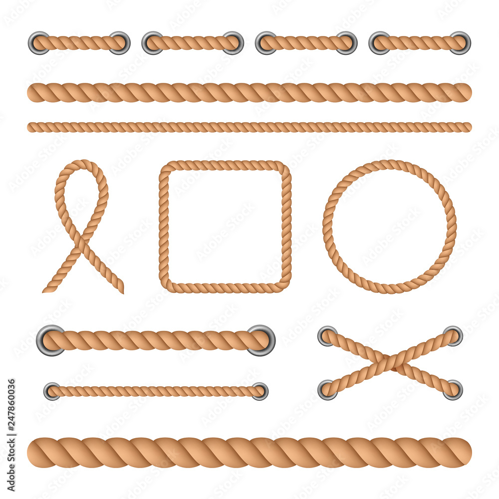 Vector illustration set of realistic seamless treads and twisted rope ...