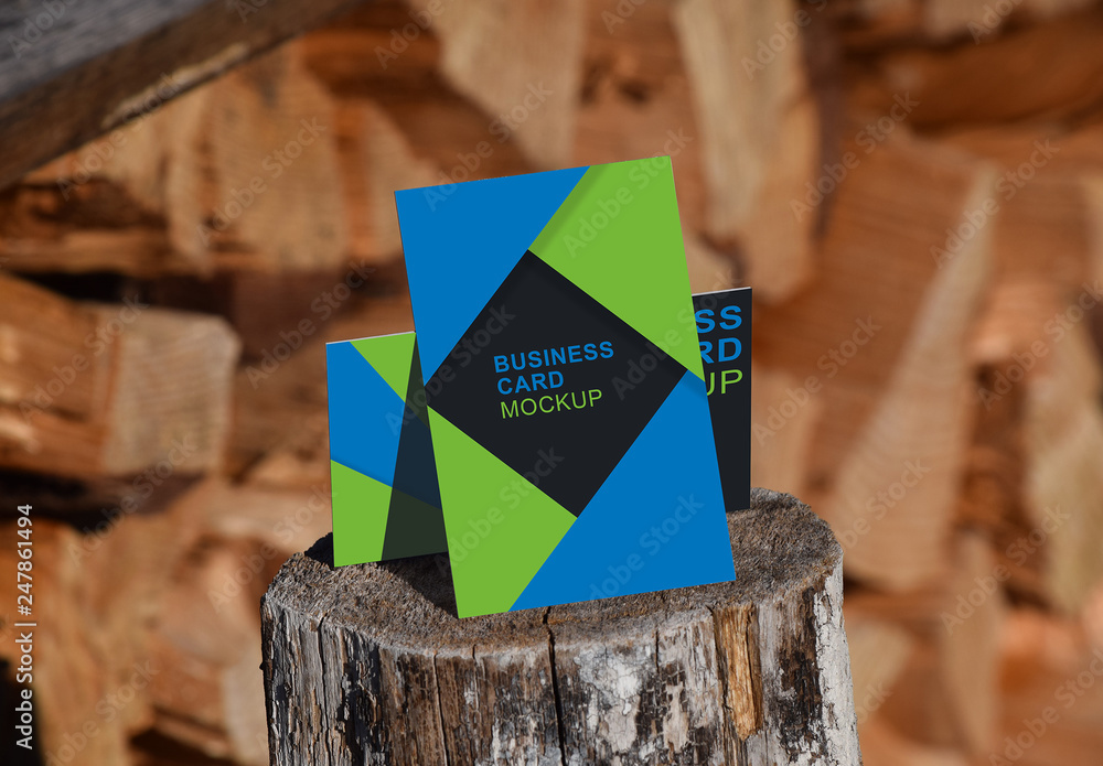 Business Cards Outdoor Stacked on Wood Mockup Stock Template | Adobe Stock