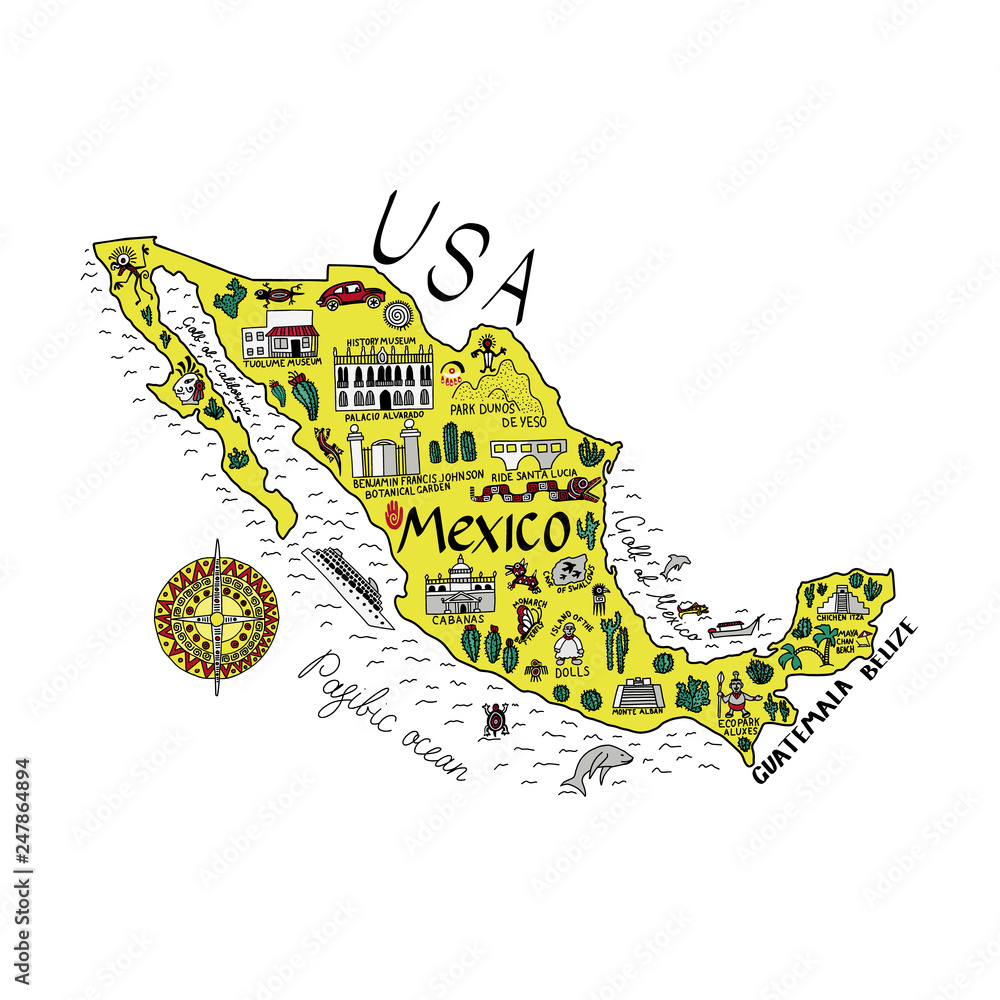 Illustrated map of Mexico with the main attractions Stock Vector ...