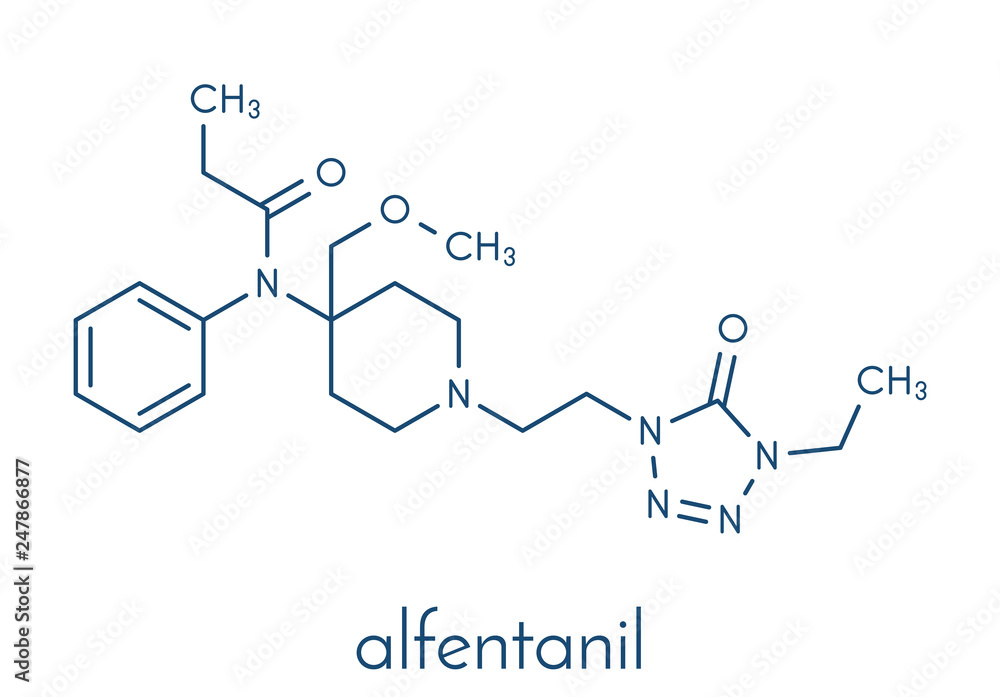 Alfentanil opioid analgesic drug molecule. Skeletal formula. Stock ...