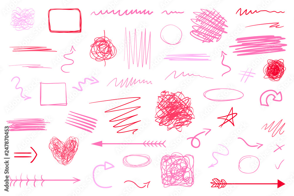 Hand drawn colored shapes on white. Abstract frameworks and arrows ...