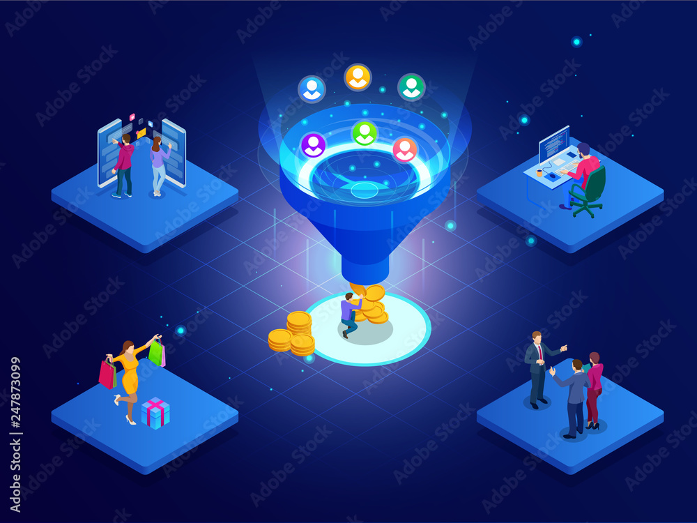Isometric online funnel generation sales, customer generation, digital ...