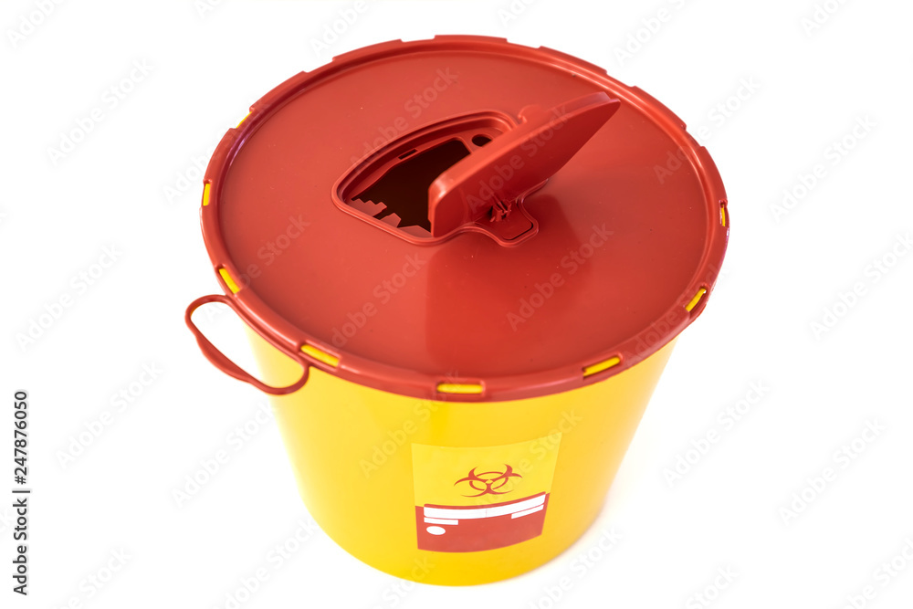 Yellow biohazard medical contaminated sharps clinical waste container ...
