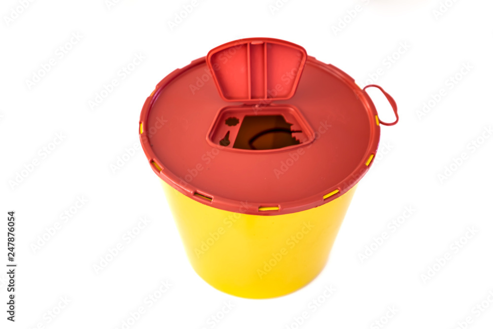 Yellow biohazard medical contaminated sharps clinical waste container ...