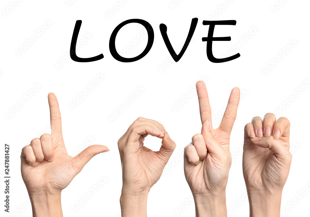 Woman showing word Love on white background. Sign language Stock Photo ...