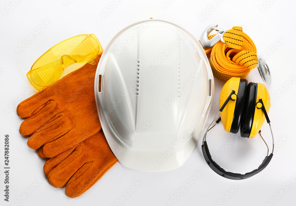 Set of safety equipment on white background, top view Stock Photo ...