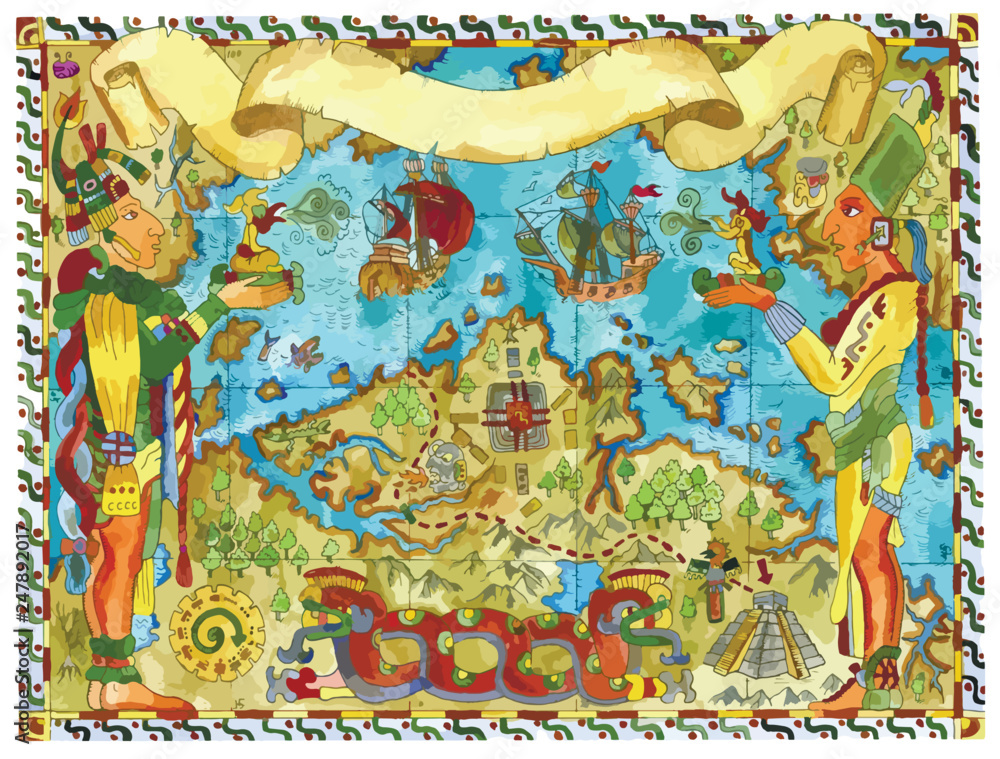 Vector pirate map of maya and aztecs treasures with old sailing ships ...