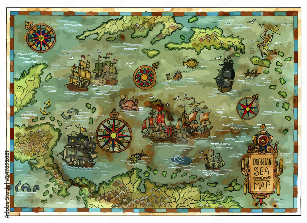 Vector ancient Caribbean Sea map with pirate ships and islands. Pirate ...