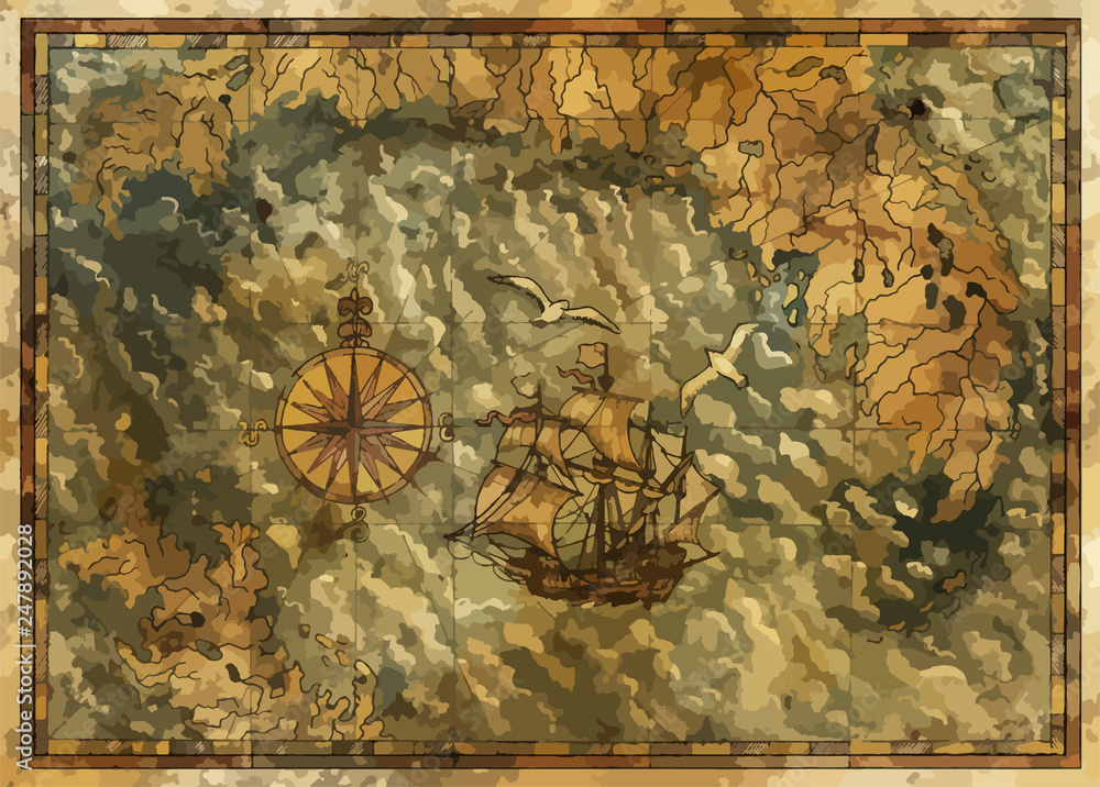 Vector antique map with treasures hunt concept, compass and old ship ...