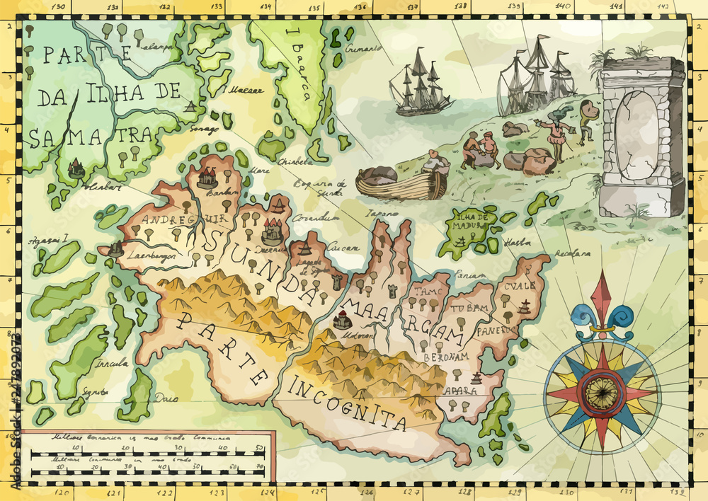 Vintage pirate map with fantasy land, old sailing ships, compass ...