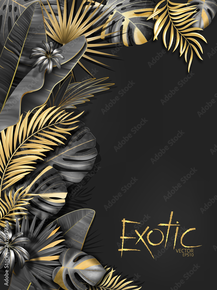 Vector exotical background with black and gold tropical leaves on dark ...
