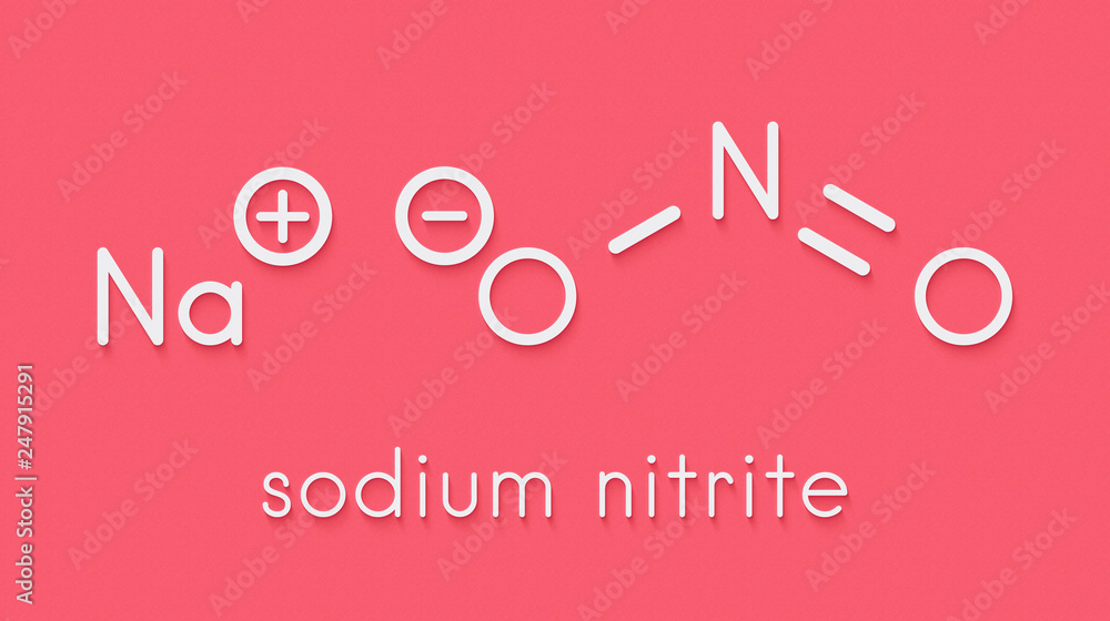 Sodium nitrite, chemical structure. Used as drug, food additive (E250 ...