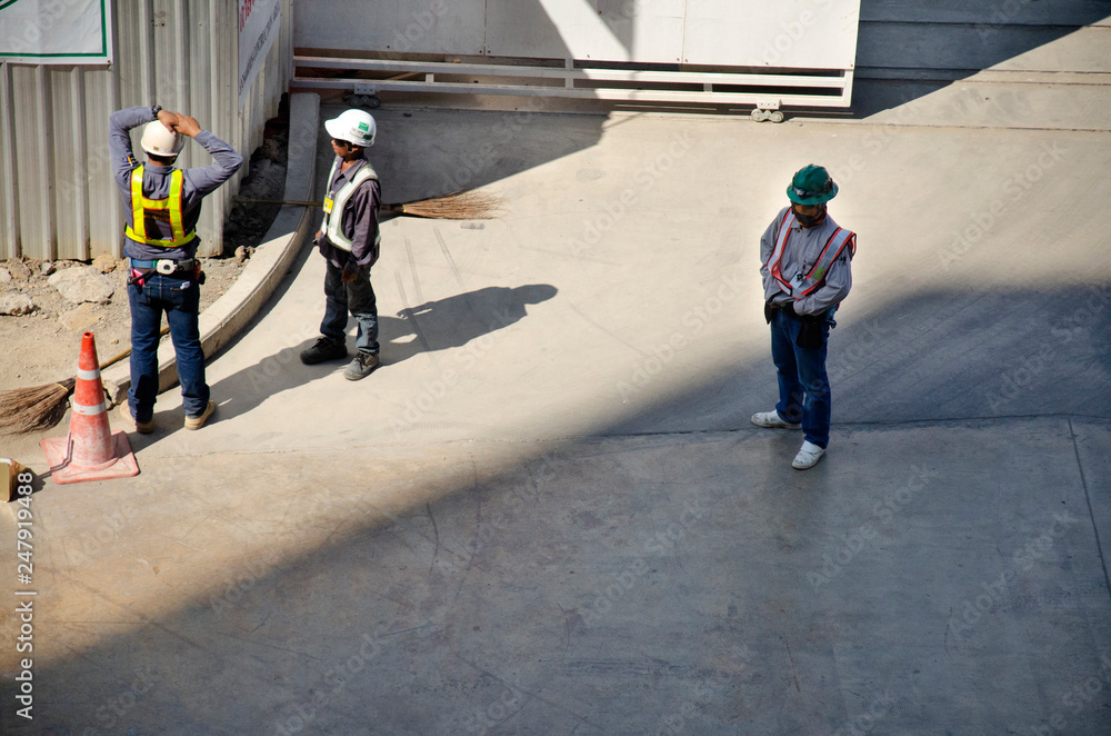 Asian people and thai workers with heavy machinery working builder new ...