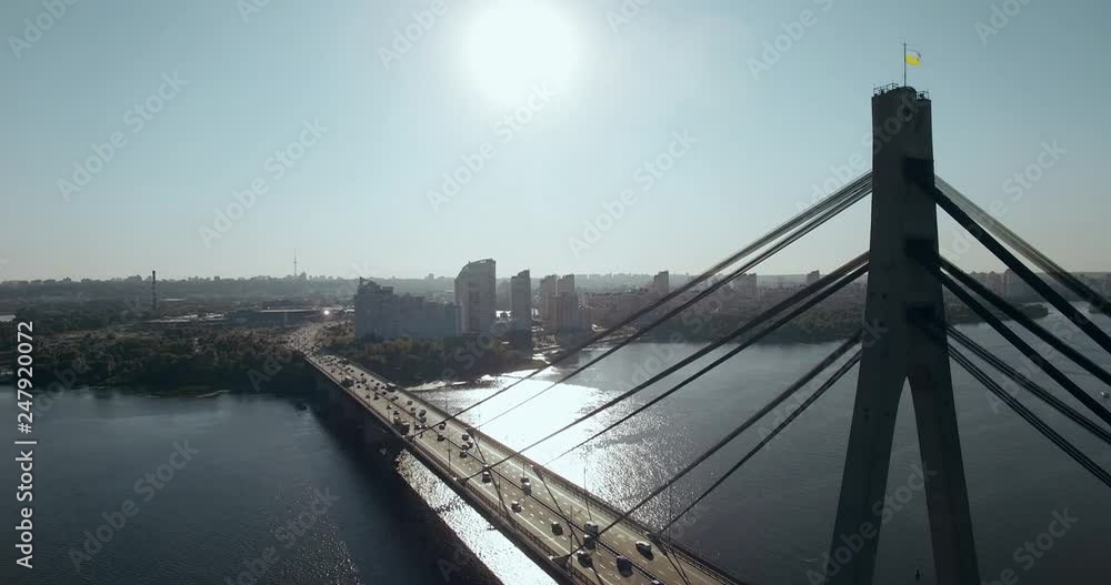 Drone Aerial Fly Over Bridge At Sunset In Summer. Cars On Bridge.Fly ...