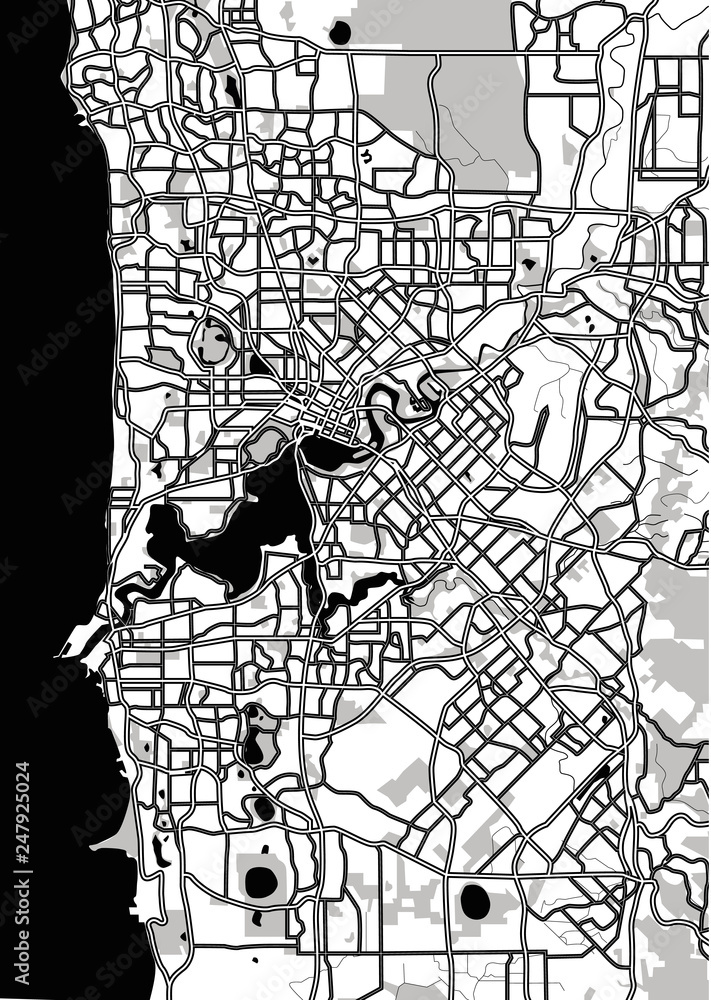 Black and white scheme of the Perth, Australia. City Plan of Perth ...