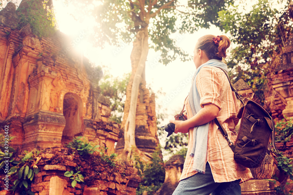 Traveller with backpack explore at Buddhist ancient temple in Indein ...