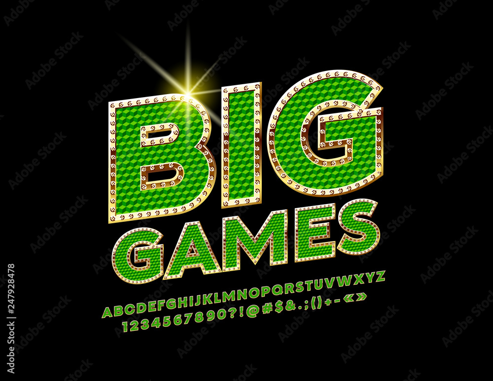 Chic Sign Big Games. Vector Green Diamond Pattern with Gold Alphabet ...