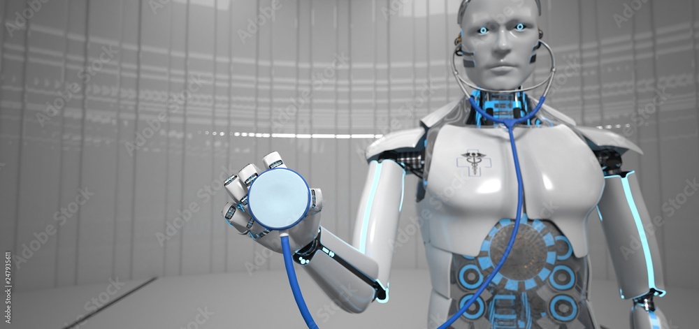 Humanoid robot as a medical assistant with a stethoscope. 3d ...
