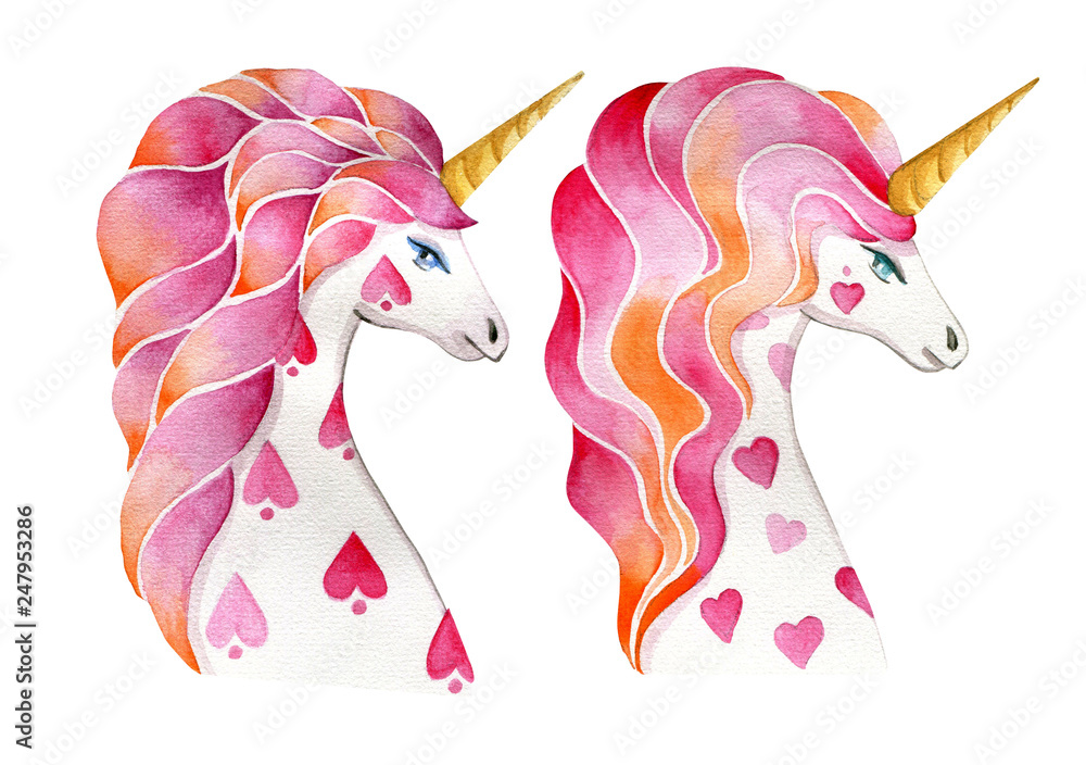 Two unicorns with pink manes and golden horns. Animals with blue eyes ...