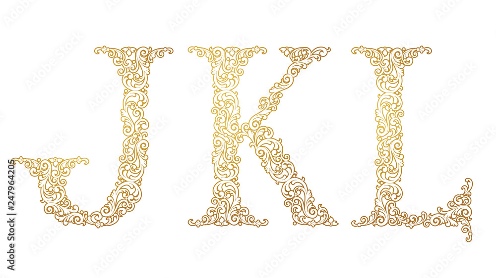 Gold font type letters J, K, L, uppercase. Vector baroque element of ...