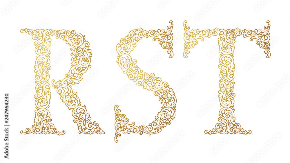 Gold font type letters R, S, T, uppercase. Vector baroque element of ...
