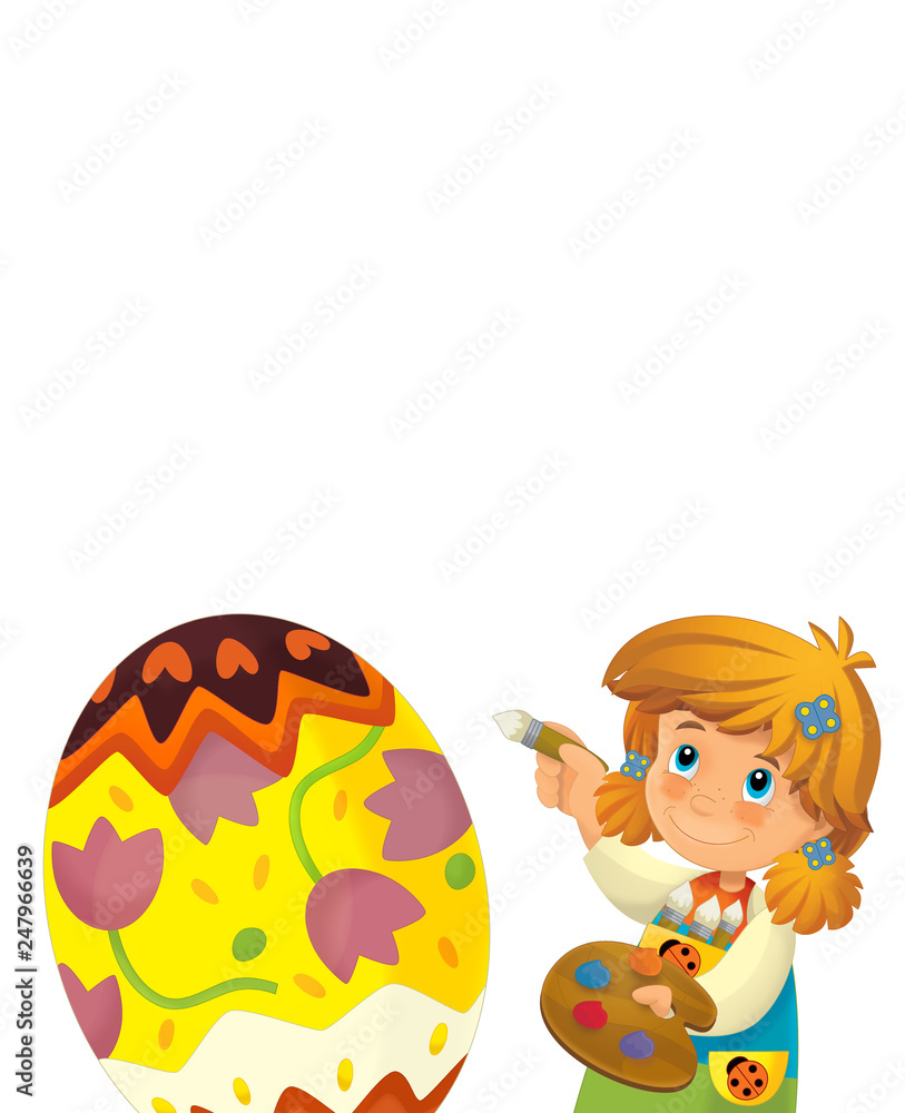 cartoon happy scene with kid girl painting giant easter egg on white ...