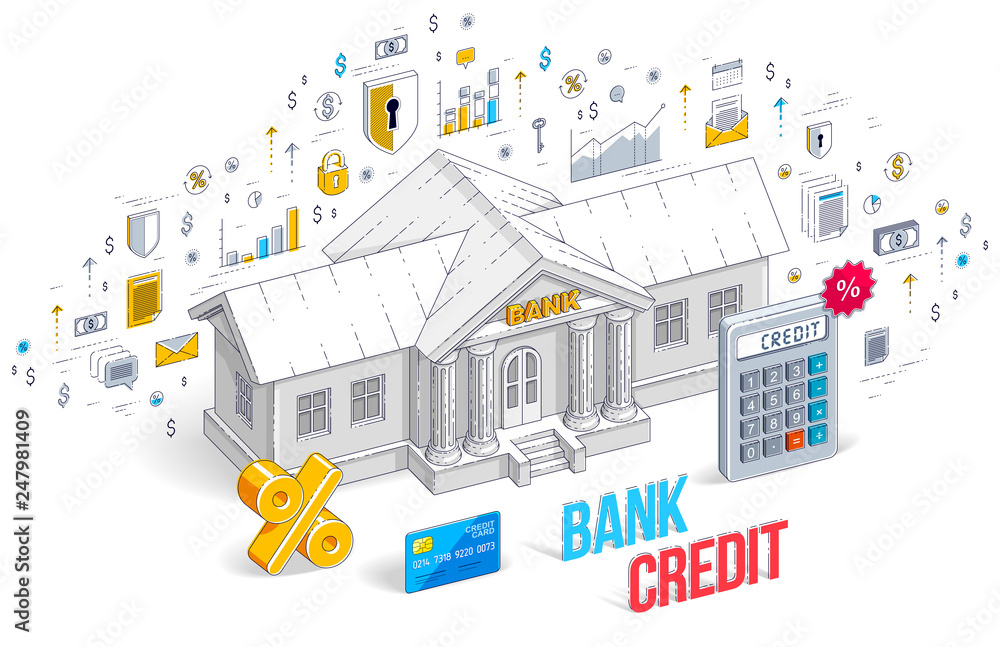 Credit concept, bank building with calculator and percent symbol ...