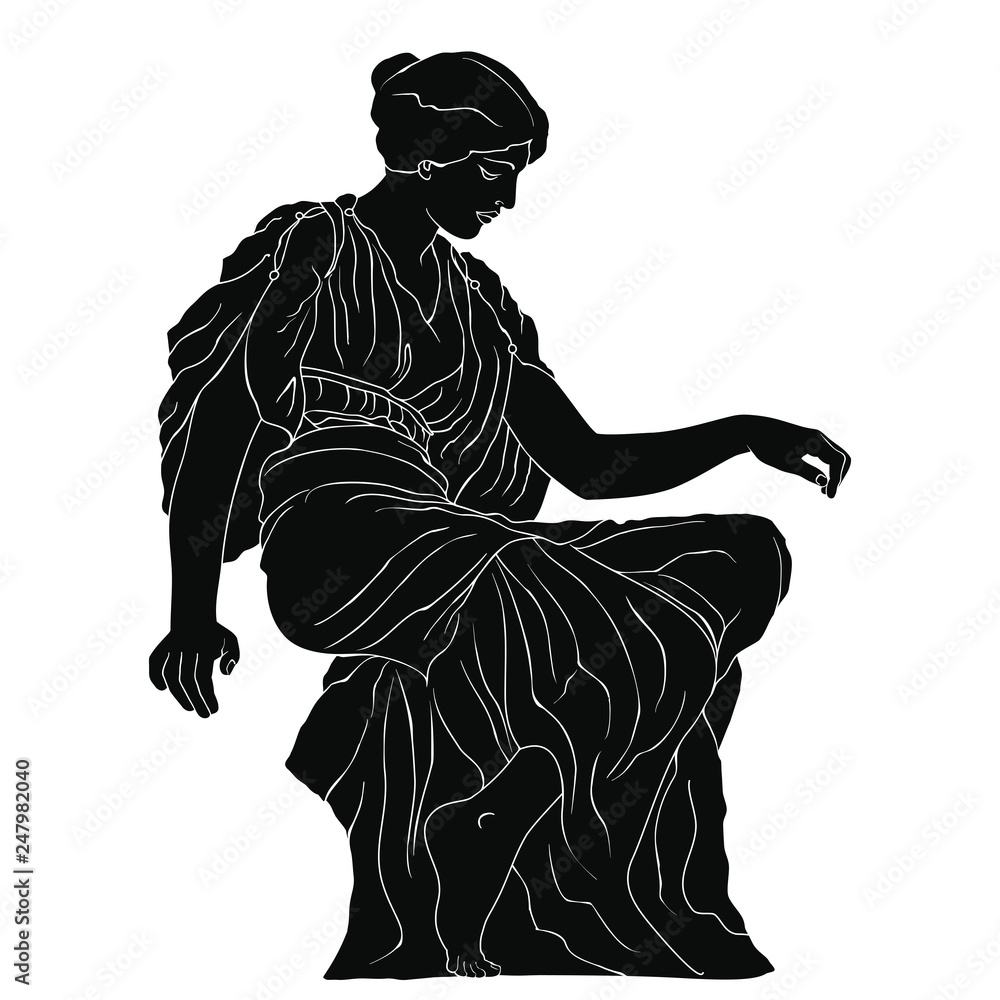 Profile of an ancient greek woman in a tunic. Vector oval medallion ...
