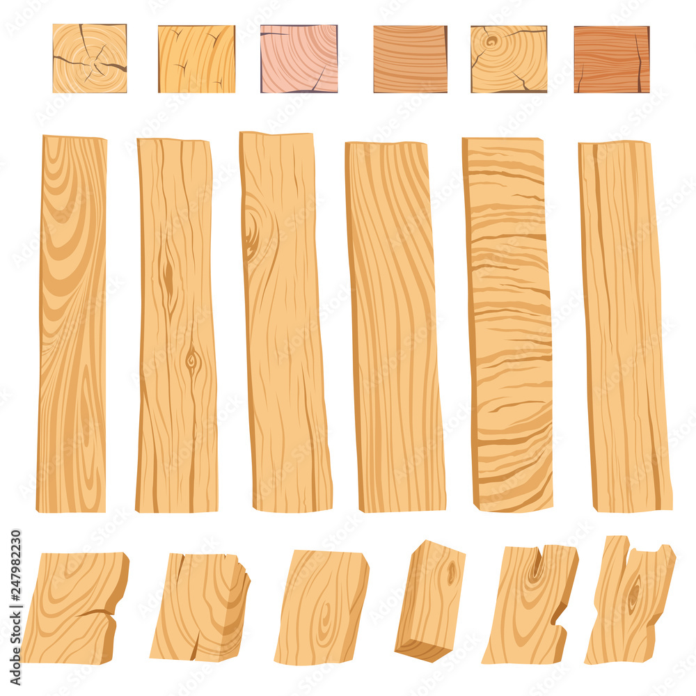 Set of icons of textured wooden boards, bars, and parts of a tree ...