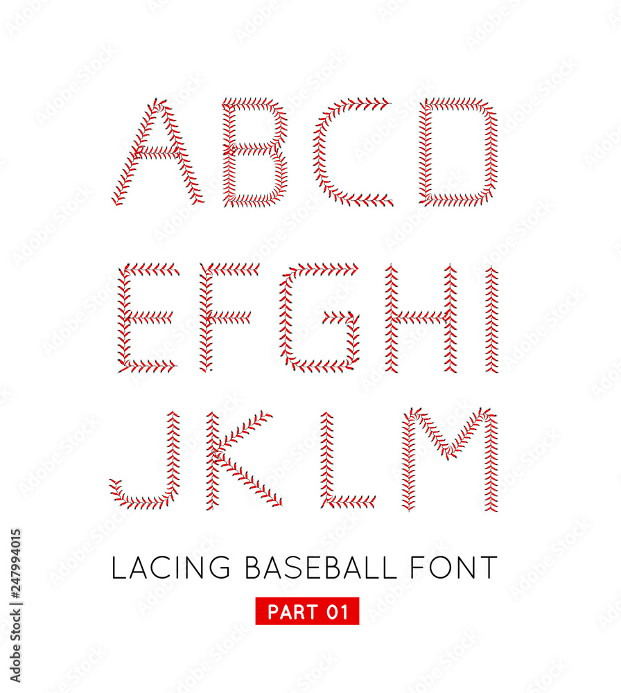 Baseball font made from baseball ball lacing along the contours of the ...