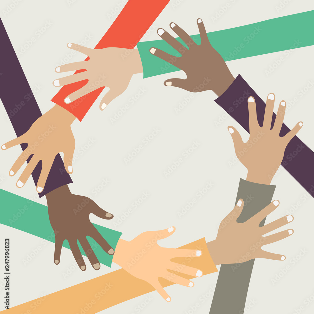 Teamwork concept. Friends with stack of hands showing unity and ...