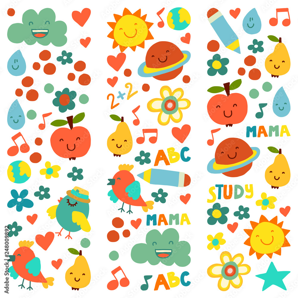 Kindergarten pattern for little children. Cute icons and characters for ...