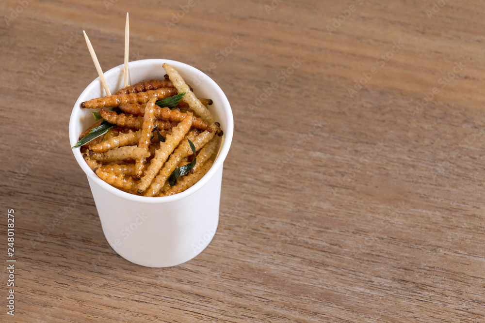Bamboo Caterpillar insects for eating as food. Worm deep-fried crispy ...