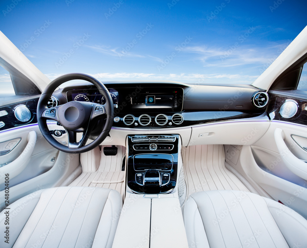 Dark car Interior - steering wheel, shift lever and dashboard. Car ...