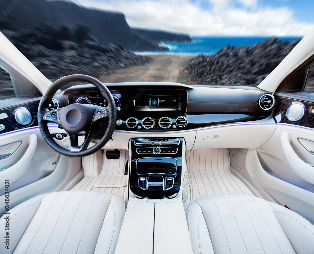 Dark car Interior - steering wheel, shift lever and dashboard. Car ...