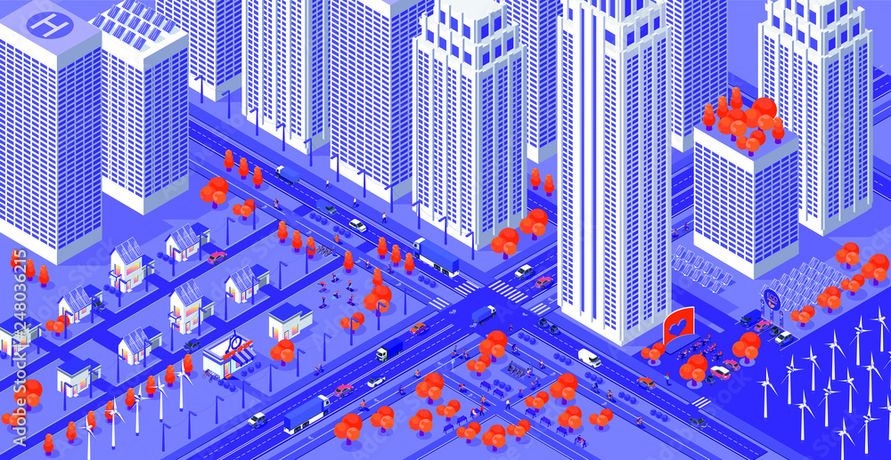Urban city. Isometric megapolis. High buildings, squares, roads and ...