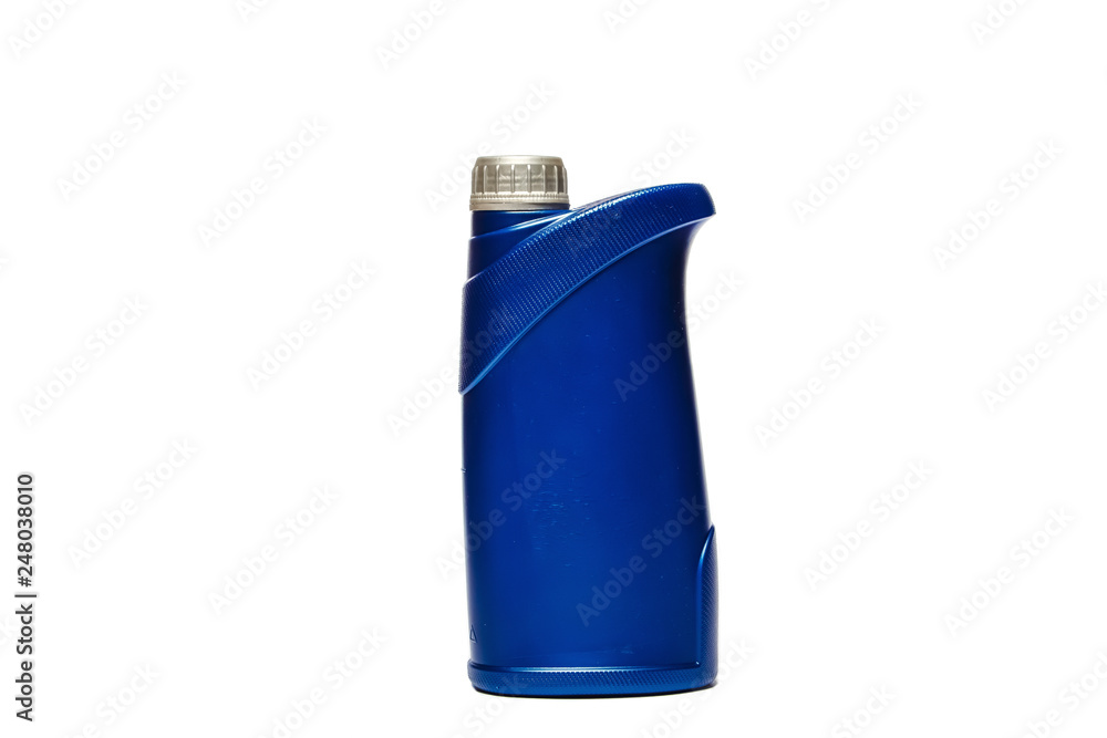 Dark blue plastic bottle with gray cap for technical products isolated ...