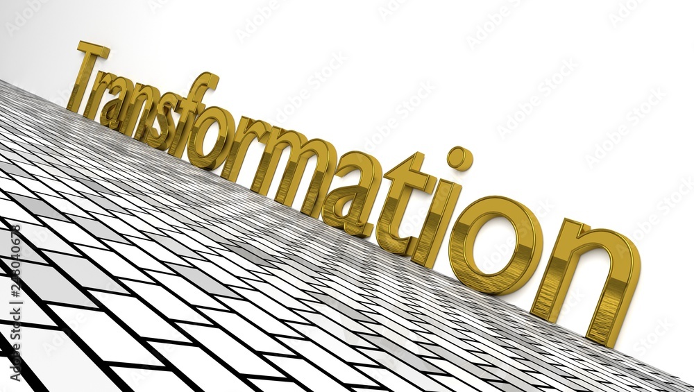 Transformation sign in gold and glossy letters on a white background ...