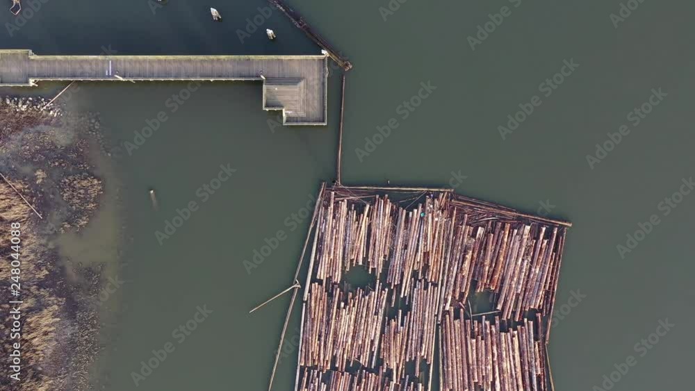 Log Boom Tug at River in Vancouver, Canada. Drone flying. Aerial 4k ...